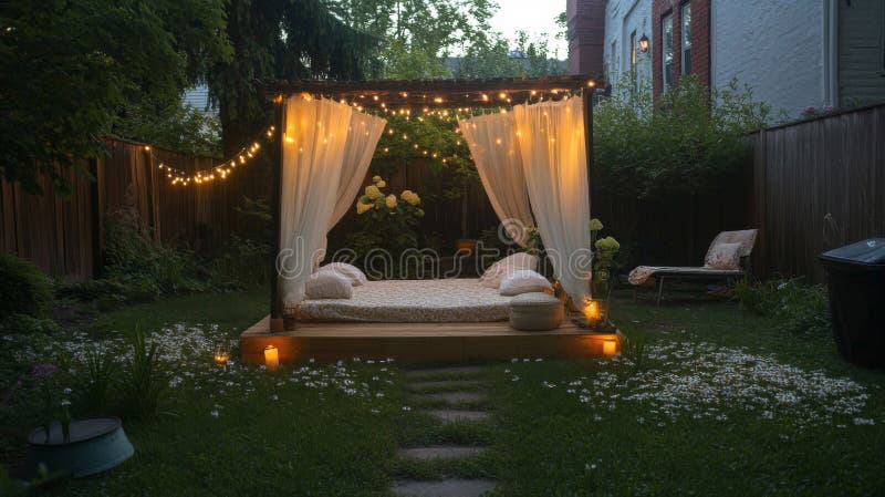 Romantic Outdoor Canopy Bed with String Lights Stock Illustration - Illustration of comfortable ...