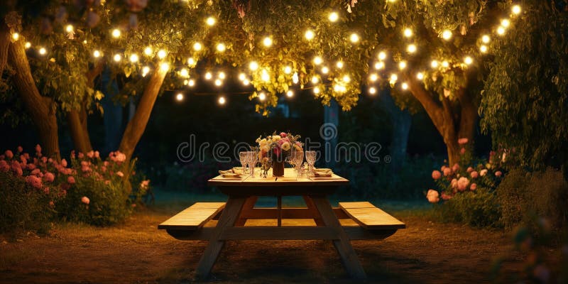 Romantic Outdoor Dining Setup with String Lights and Floral Centerpiece ...