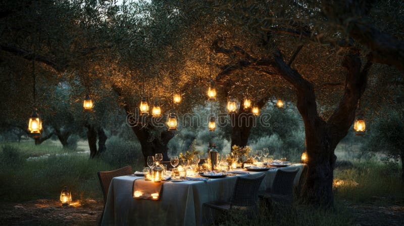 Romantic Outdoor Dinner Party Under Olive Trees at Night Stock ...