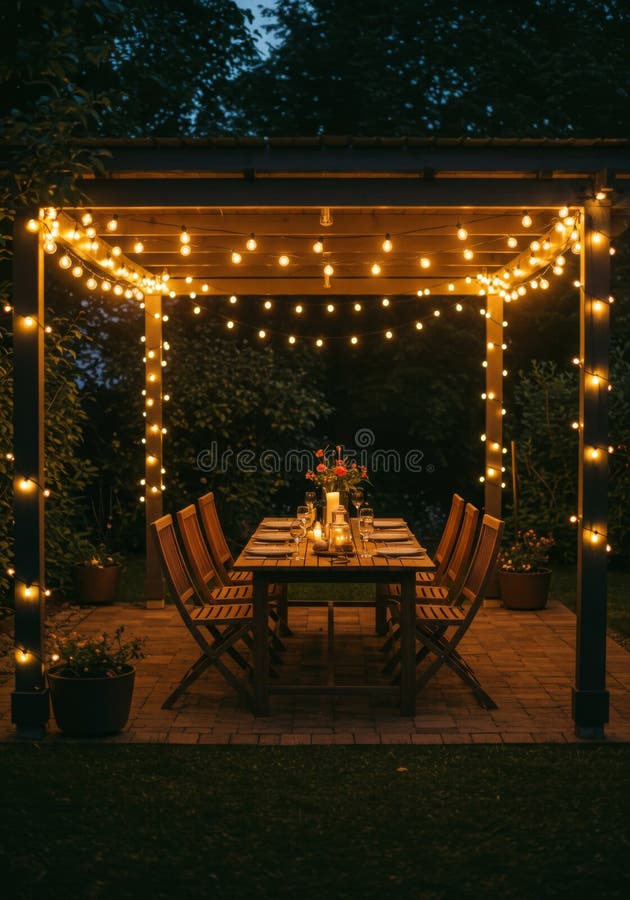 Romantic Outdoor Dinner Party Under String Lights Stock Photo - Image ...