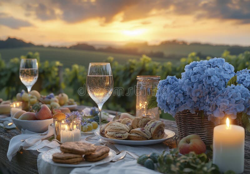 Romantic Sunset Dinner Vineyard Table Setting with Pastries and ...