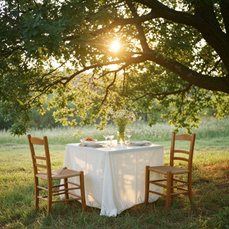 Romantic Outdoor Dinner Setting Under a Tree at Sunset Stock ...