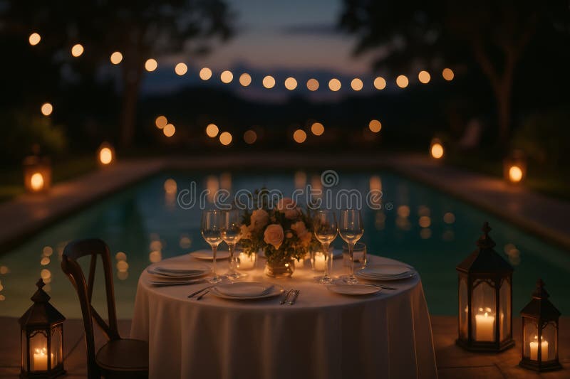 Romantic Outdoor Dinner Setup by the Pool with Soft Lighting at Dusk ...