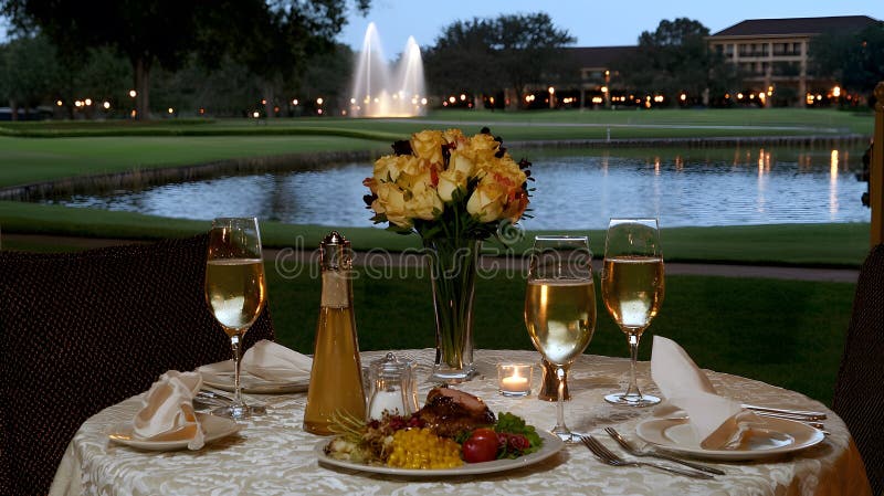 Romantic Outdoor Dinner Table Setting Overlooking Golf Course at Dusk ...