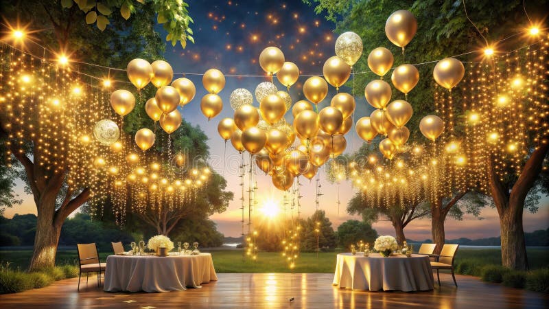 Romantic Outdoor Evening Reception with Golden Balloons and String ...