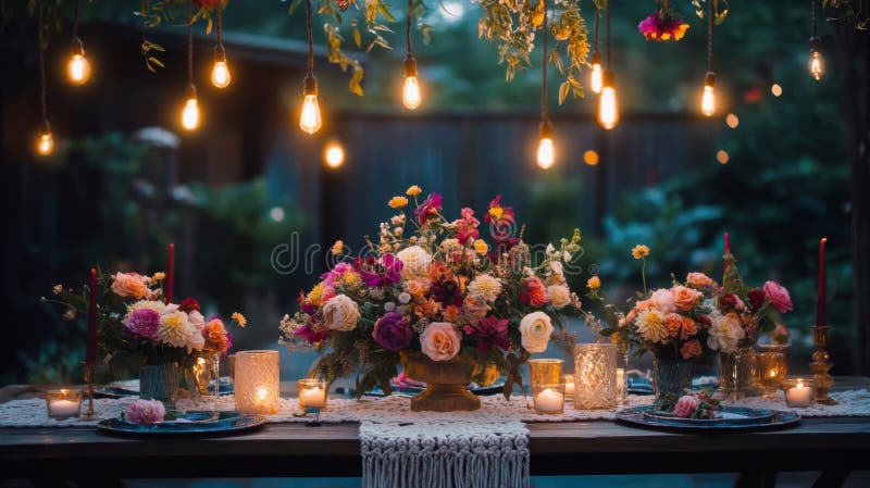 Romantic Outdoor Table Setting with Flowers and Lights Stock ...