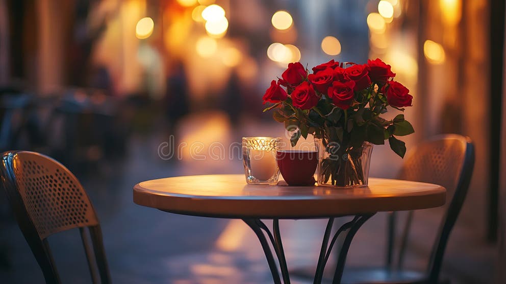 Romantic Outdoor Table Setting with Roses and Candlelight Stock ...