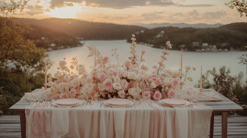 Romantic Outdoor Wedding Table Setting with Pastel Roses Stock ...
