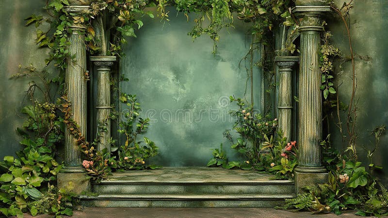 Romantic Overgrown Ruin Backdrop, Green Columns, Steps, Studio Stock ...