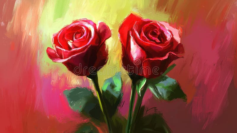 Two Red Roses in a Painting Style Stock Illustration - Illustration of ...