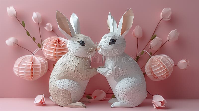 Romantic Paper Art Rabbits with Lanterns and Blossoms Stock ...