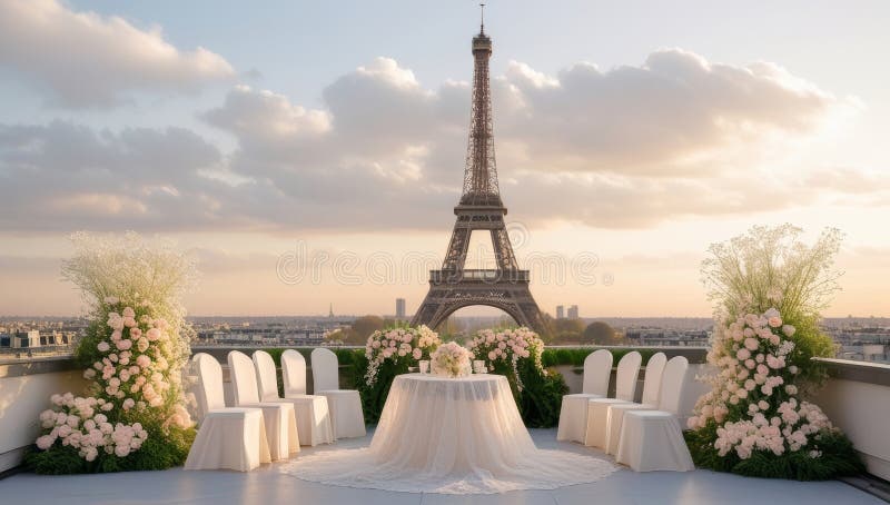 Romantic Parisian Rooftop Wedding Setting with Eiffel Tower View at ...