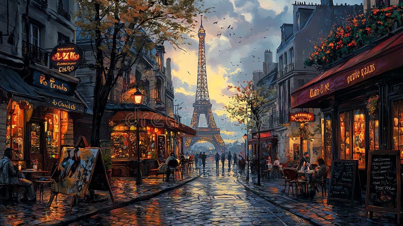 Romantic Parisian Street Scene with Eiffel Tower Stock Illustration ...