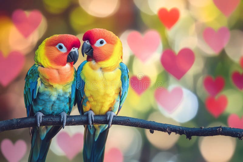 Romantic Parrots on a Branch, Heart Background for Valentine S ...