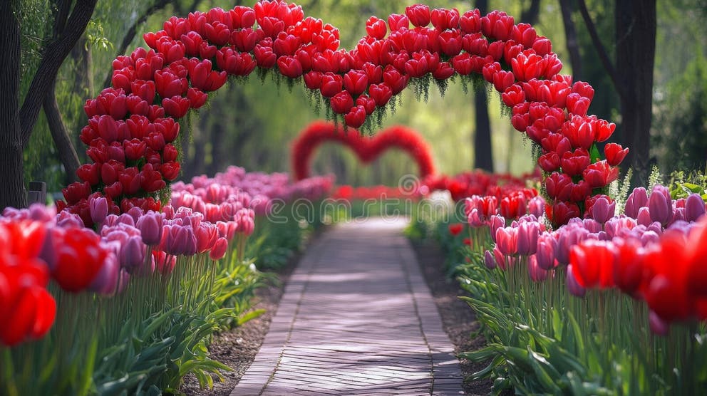 Romantic Path through Heart-Shaped Tulip Arch Stock Illustration ...