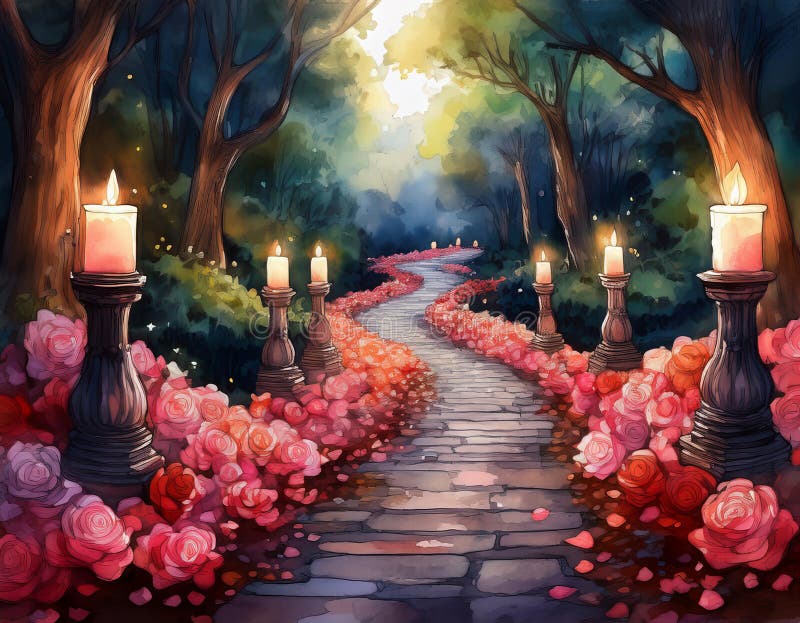 Romantic Path Lit by Candles Leading through a Rose Garden Stock ...