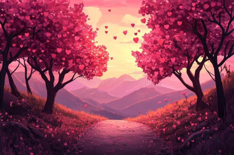 A Romantic Path Winds Its Way To Heart-shaped Trees Situated in a ...