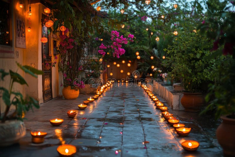 Romantic Pathway Illuminated by Candles in a Beautiful Garden Setting ...