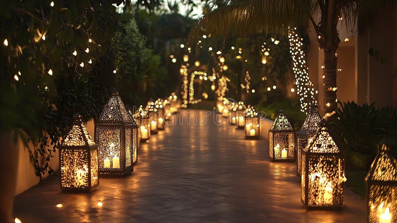 Romantic Pathway Lit by Lanterns and String Lights at Night Stock ...