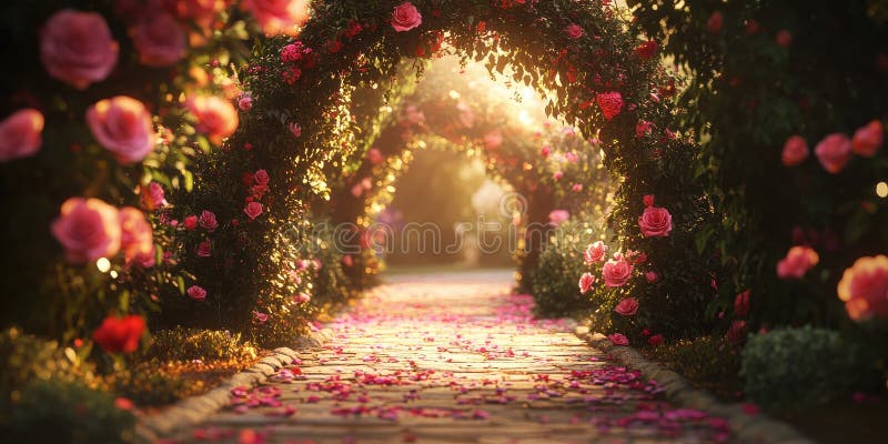 Romantic Pathway through Lush Rose Archway in Blooming Garden Setting ...