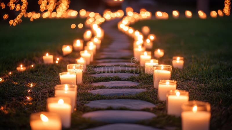 Romantic Pathway. Stone Path Lit with Candles in the Evening Garden ...