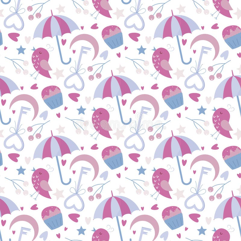 Romantic Pattern with Sweets and Birds Pastel Colors Stock Vector ...