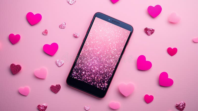 Romantic Phone Design with Pink Hearts and Sparkling Background Stock ...