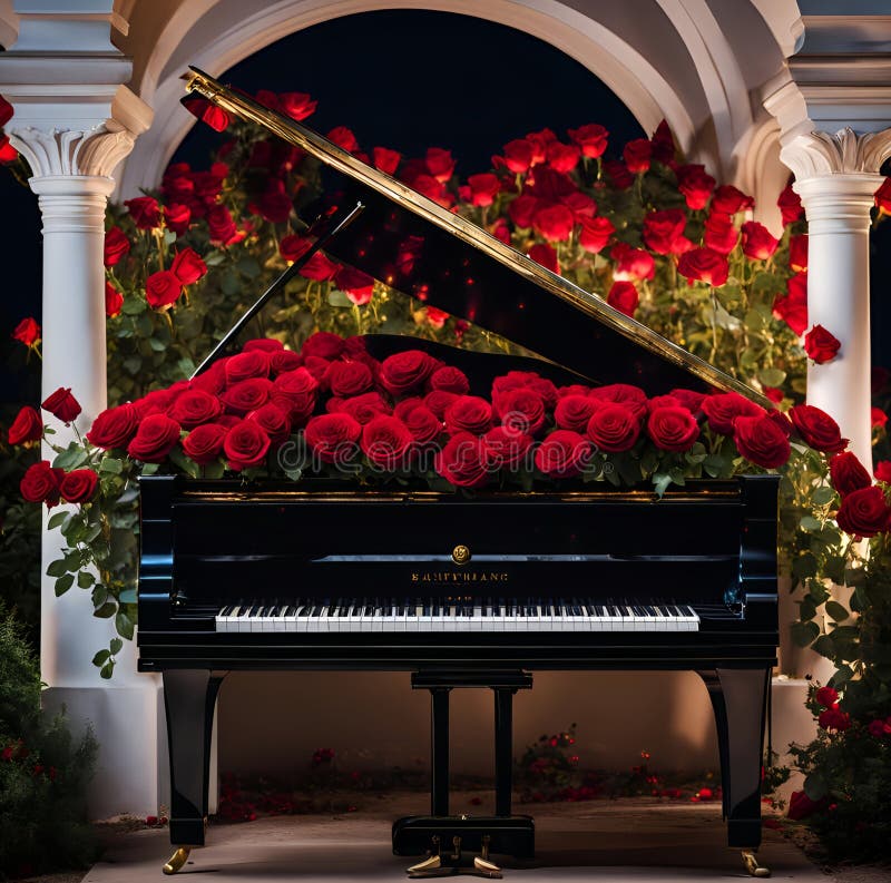 A Romantic Piano Surrounded by Red Roses in a Luxurious Setting with ...
