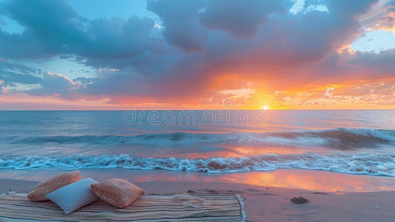 Romantic Picnic on the Beach at Sunset, Colorful Sky and Calm Waves ...