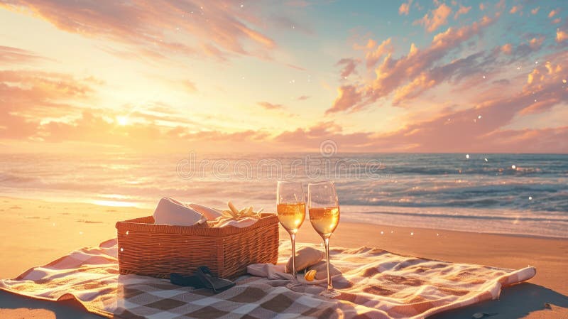 A Romantic Picnic on the Beach at Sunset with Two Glasses of Champagne ...