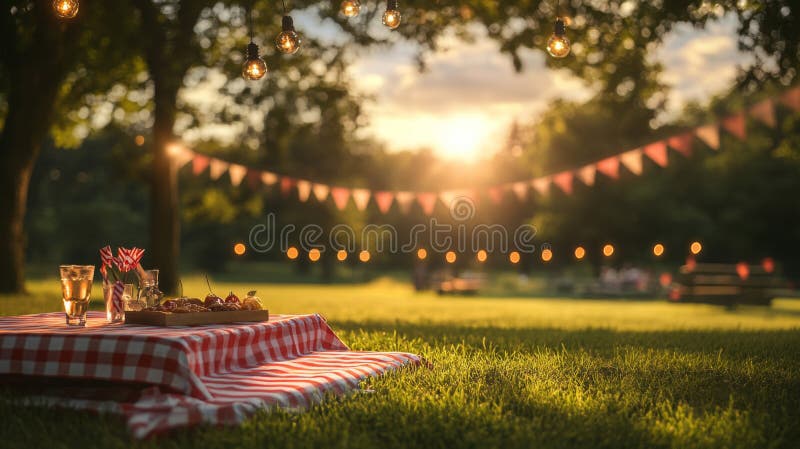Romantic Picnic Scene Underneath Trees at Sunset Stock Illustration ...