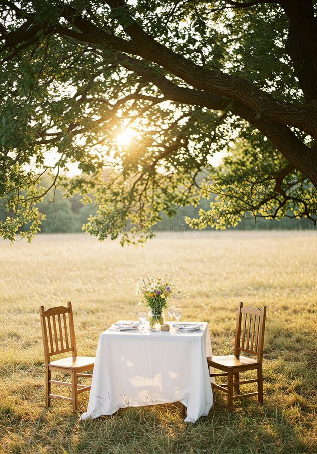 Romantic Picnic Setting Under a Tree at Sunset Stock Illustration ...