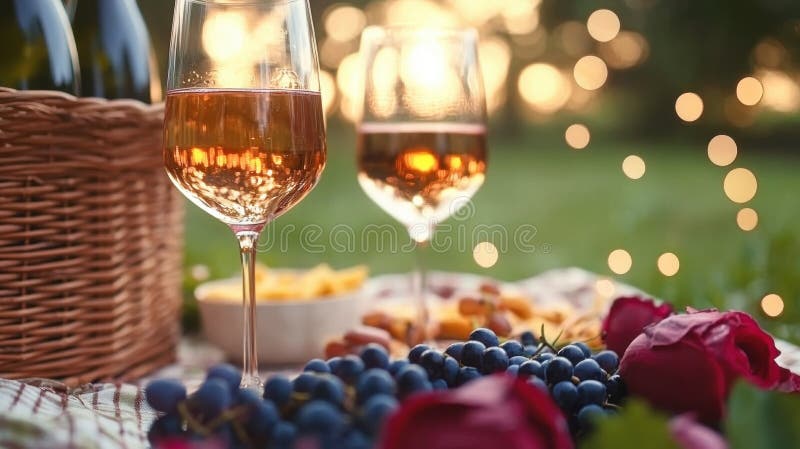 Romantic Picnic Setting with Wine and Fruit at Sunset Outdoors Stock ...