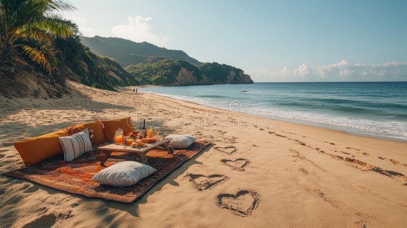 Romantic Picnic Setup on Tropical Beach with Hearts Drawn in Sand Stock ...