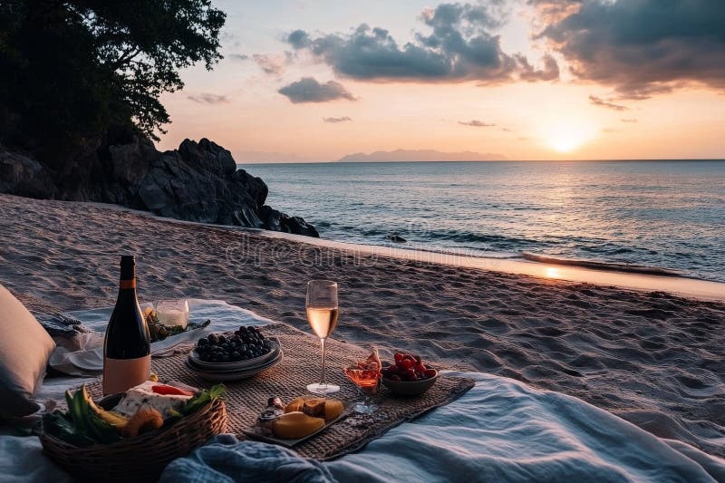 Romantic Picnic on the Sunset Beach with Copy Space Stock Illustration ...