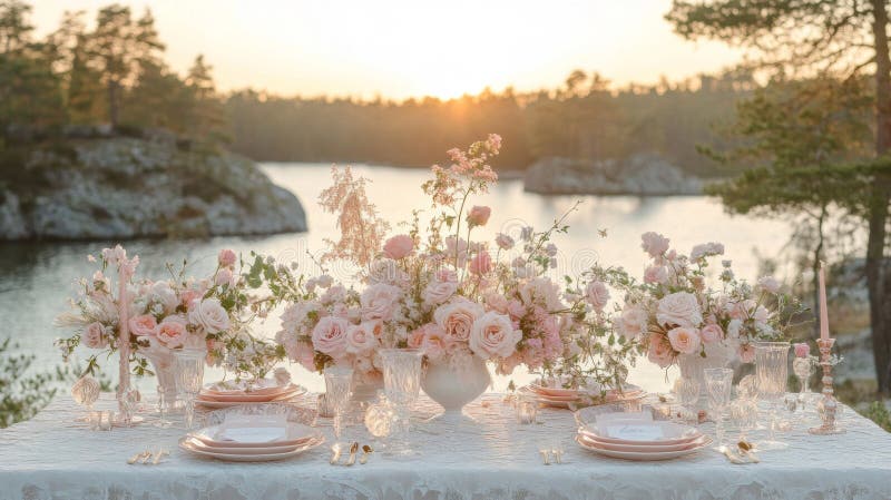 Romantic Pink Floral Wedding Table Setting Lakeside Stock Illustration ...