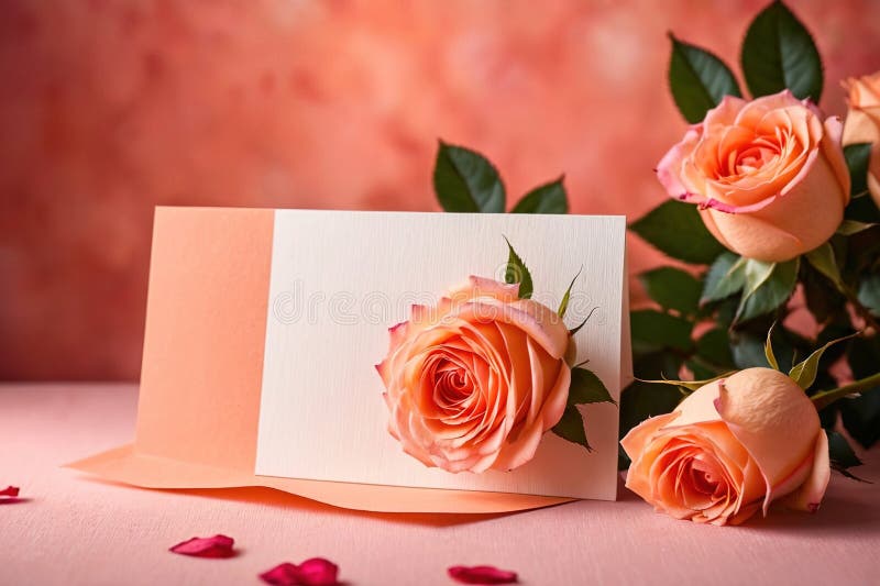 Romantic Pink Flowers Roses with Blank Empty Card for Message Stock ...