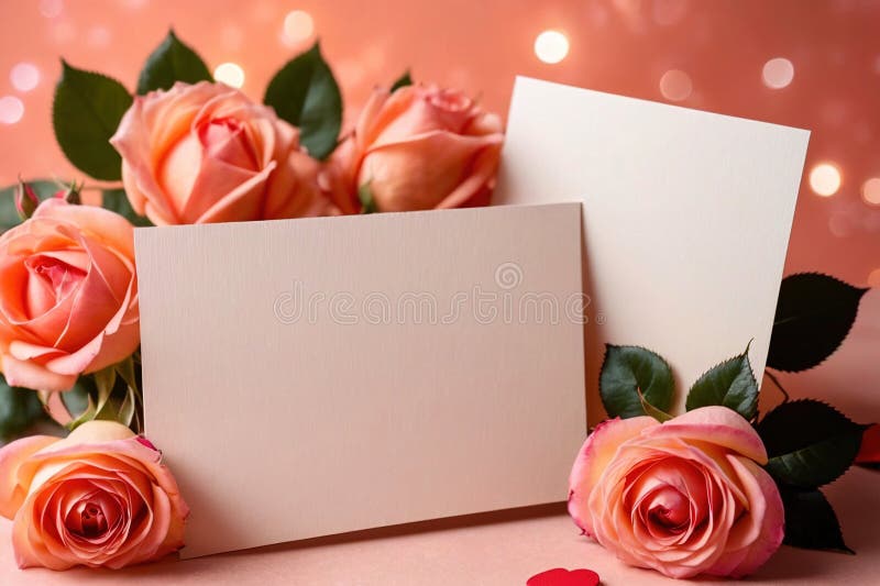 Romantic Pink Flowers Roses with Blank Empty Card for Message Stock ...