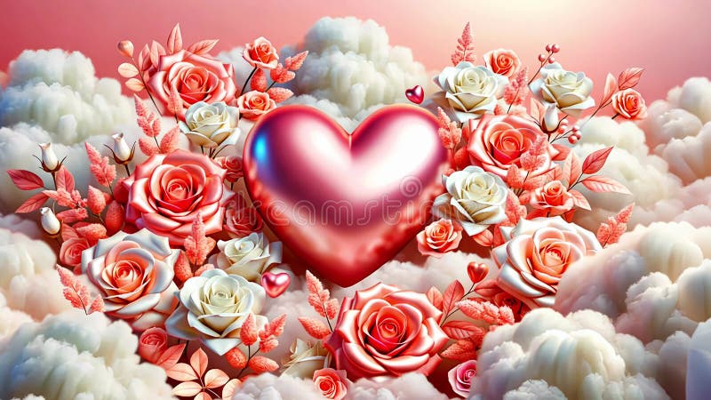 Romantic Pink Heart Surrounded by Roses and Clouds in Dreamy Sky Stock ...