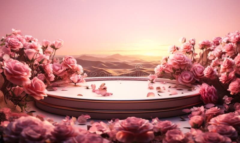 Romantic Pink Roses Bordering a Circular Platform in a Desert at Sunset ...
