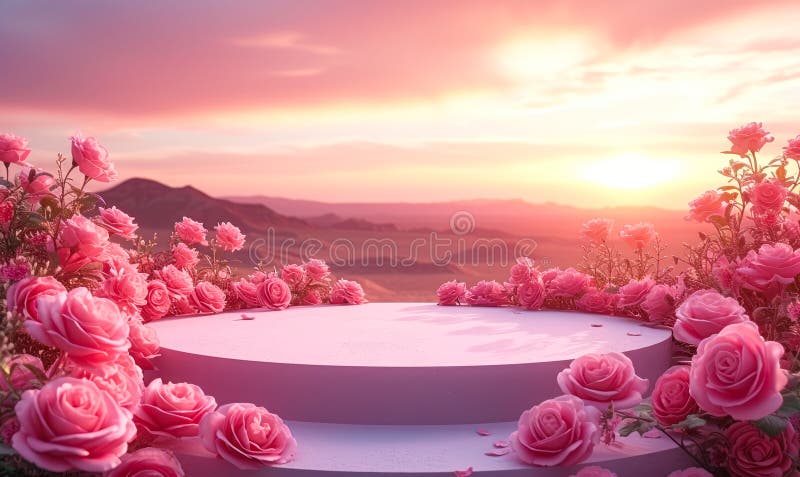 Romantic Pink Roses Bordering a Circular Platform in a Desert at Sunset ...