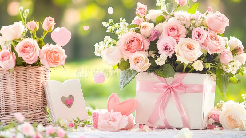 Romantic Pink Roses Display in Gift Box with Heart Decorations Outdoors ...