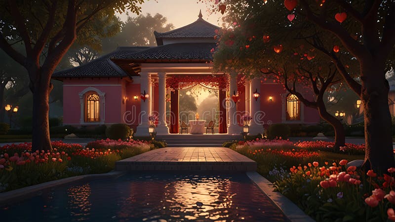 Romantic Pink Villa Garden Setting at Sunset Stock Illustration ...