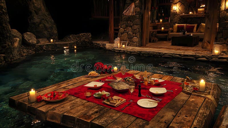 Romantic Poolside Dinner Setting Candles Floating Table Luxurious ...
