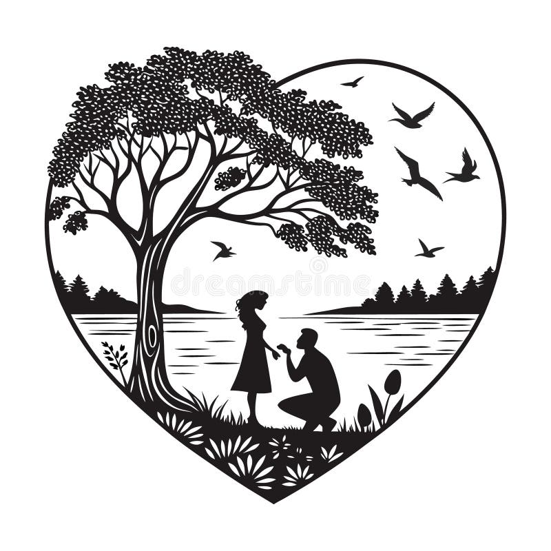 Romantic Proposal Silhouette in Heart-Shaped Nature Scene Stock ...