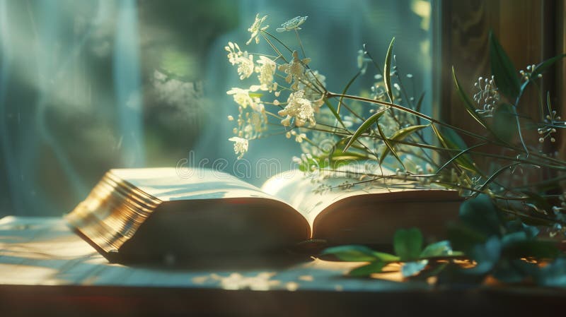 Romantic Reading: the Opened Book on the Windowsill with Flowers in a ...