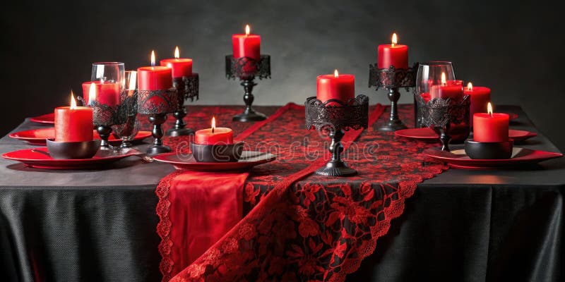 Romantic Red and Black Candlelit Dinner Table Setting. Generative AI ...