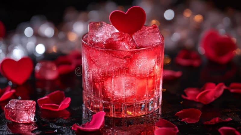 Romantic Red Cocktail with Ice and Rose Petals Stock Illustration ...