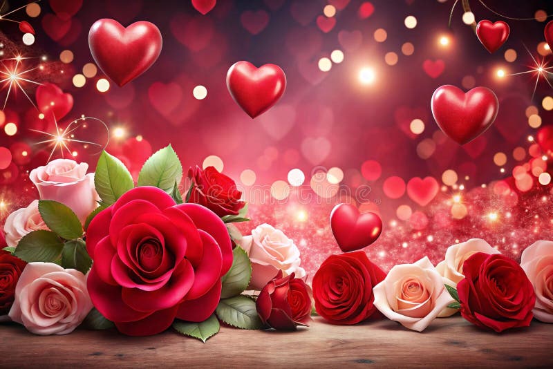 Romantic Red and Pink Roses with Hearts and Bokeh Lights Stock ...