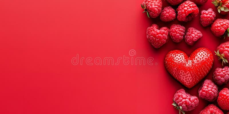 Romantic Red Raspberries and Strawberry Heart on Red Background Stock ...
